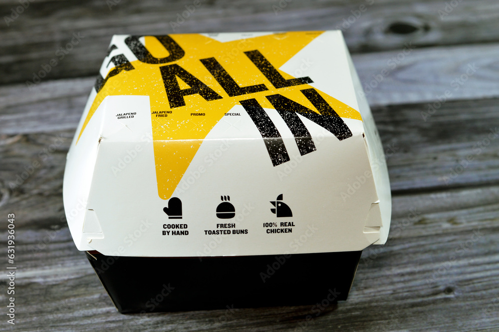 Cairo, Egypt, July 29 2023: Food delivery package of beef burger and ...