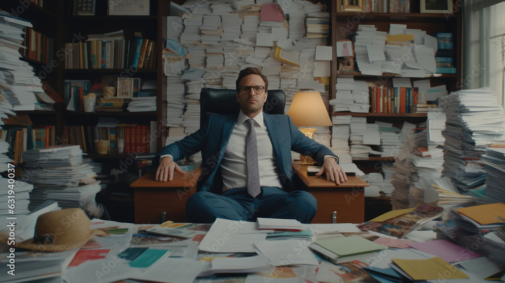 A businessman at his cluttered office desk, grappling with the ...