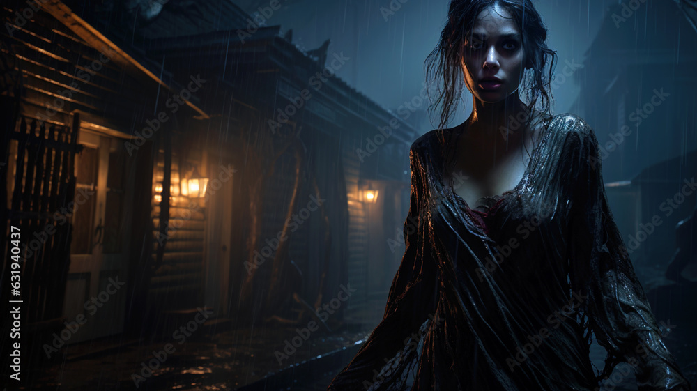 Horrified woman, scared girl stands near house in rain at night, fear ...