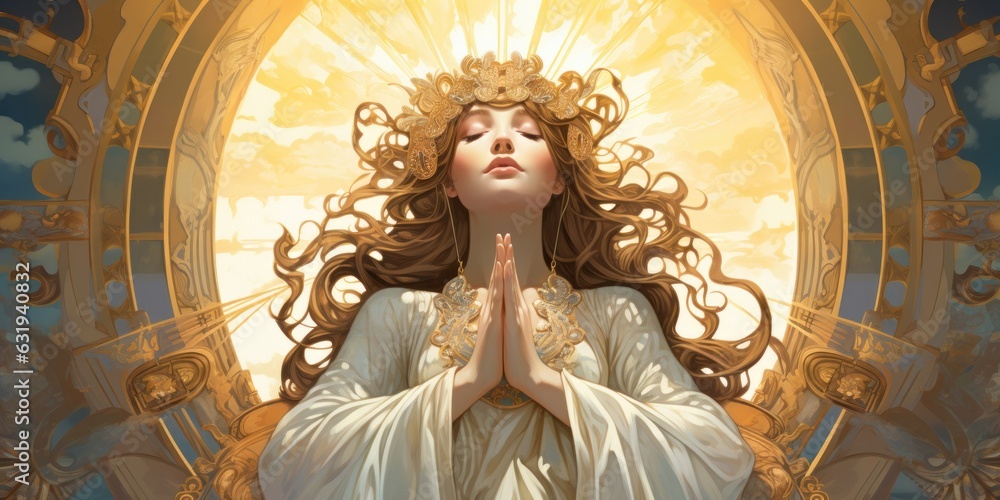 illustration of a woman praying to a saint, art nouveau style ...