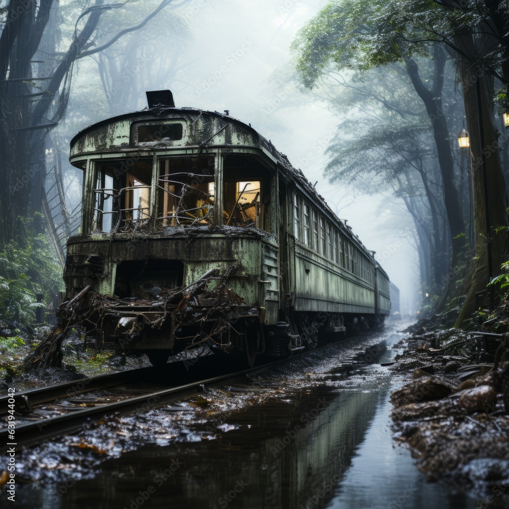 Eiry broke down an old haunted train in the forest, with misty forest ...