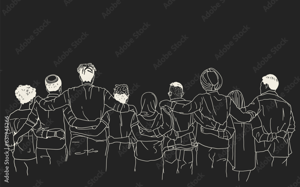 Group of people hugging each other. Black and white vector line art ...