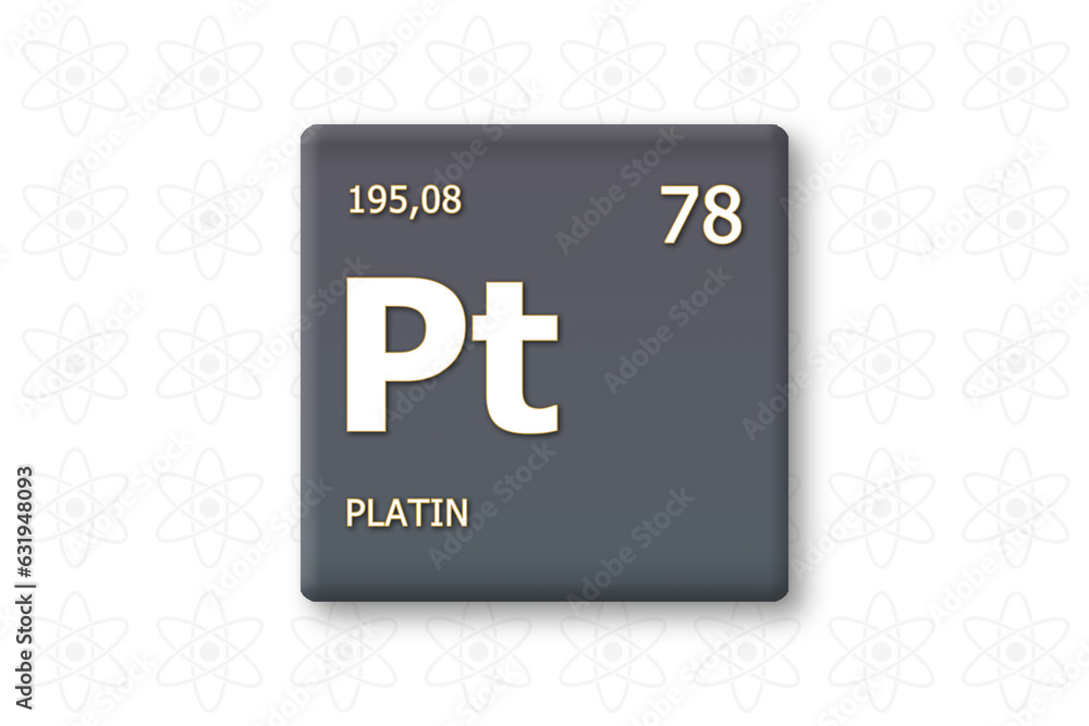 Platin. Abkuerzung: Pt. Chemisches Element des Periodensystems. Weisser ...