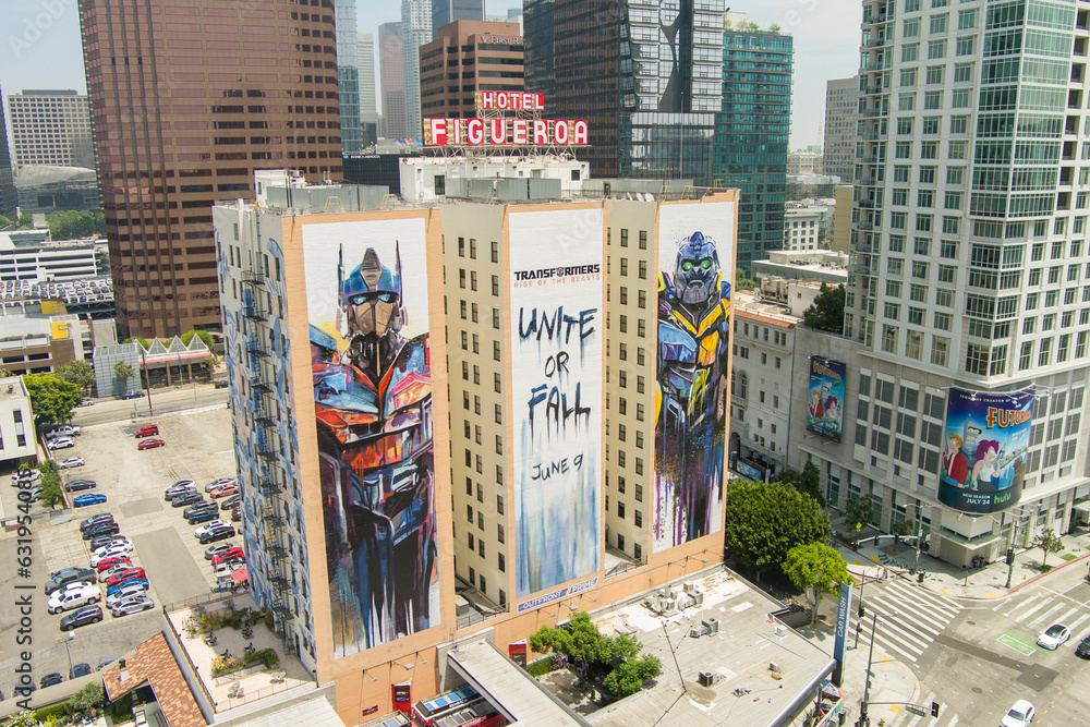 The Hotel Figueroa painted with a Transformers movie wall mural with a ...