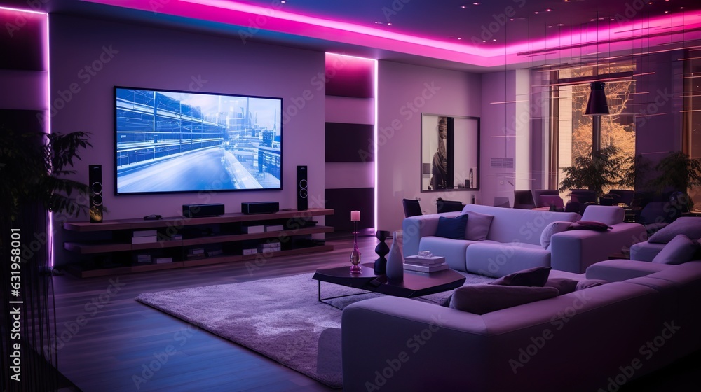 Colored LED lighting home cinema living room interior Stock Photo ...