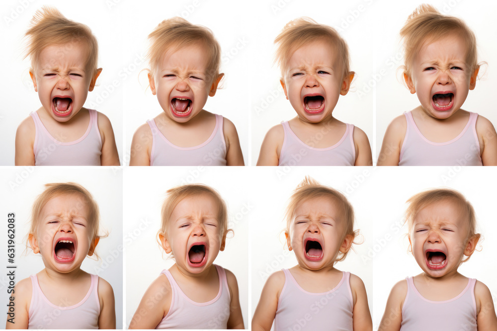 Set of Closeup photo of a cute little baby girl child crying and ...