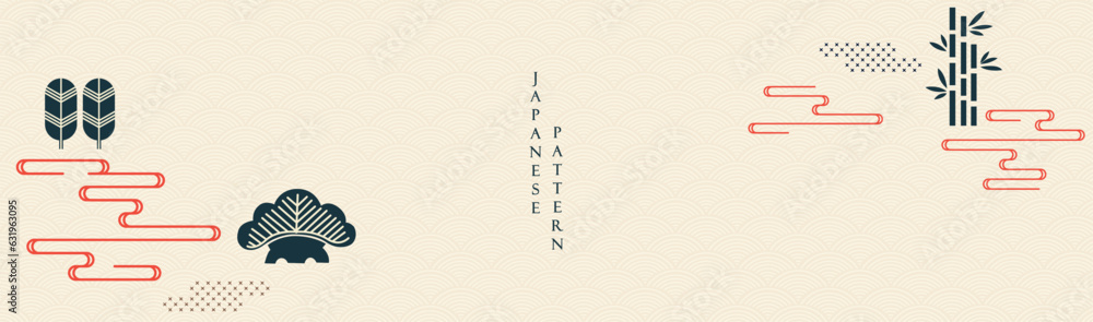 Abstract landscape with Japanese wave pattern vector banner. Nature art ...