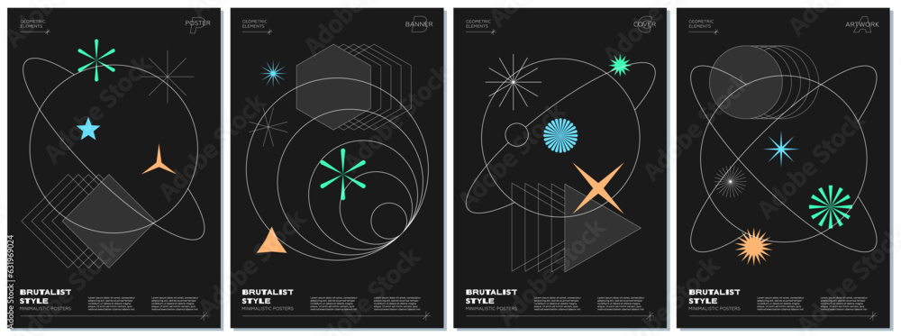 Abstract brutalism poster set with geometric linear planets and memphis ...