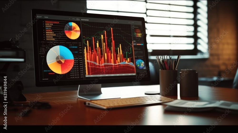 The side view of a computer screen displaying multiple financial ...