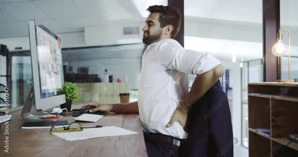 Back pain, business man and stress at computer for muscle injury ...