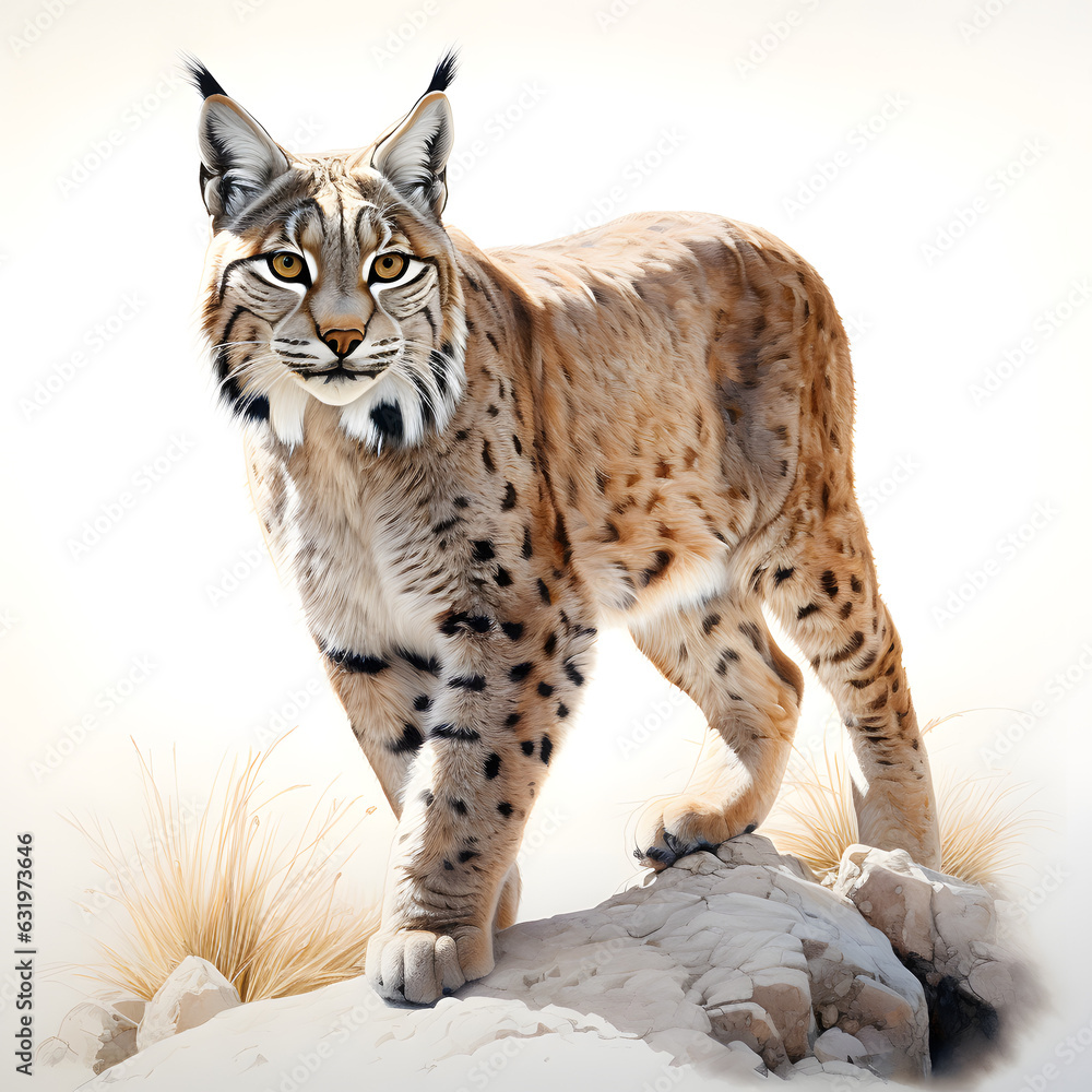 Brushstroke watercolor style realistic full body portrait of a lynx on ...