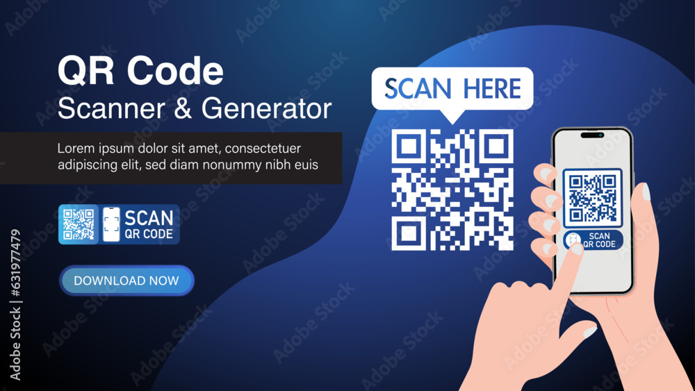 QR Code Scanner and Generator Concept. Scanning the QR code through a smartphone held by hand ...