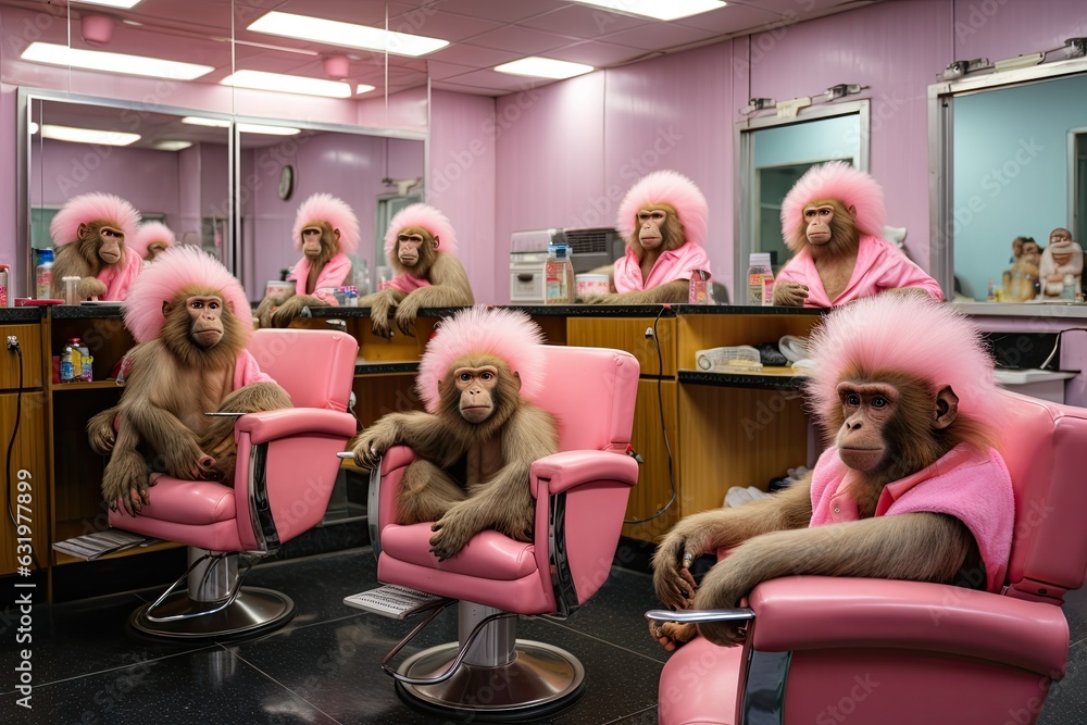 three monkeys in the barbershop do their hair Stock Photo | Adobe Stock