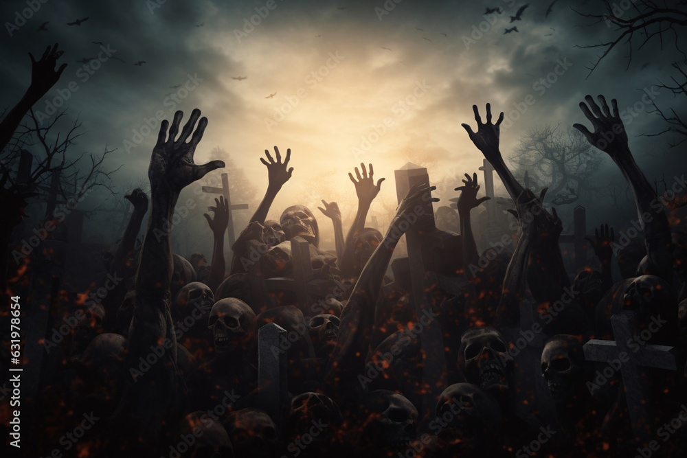 Zombie hands are rising from grave in spooky night. Halloween night ...