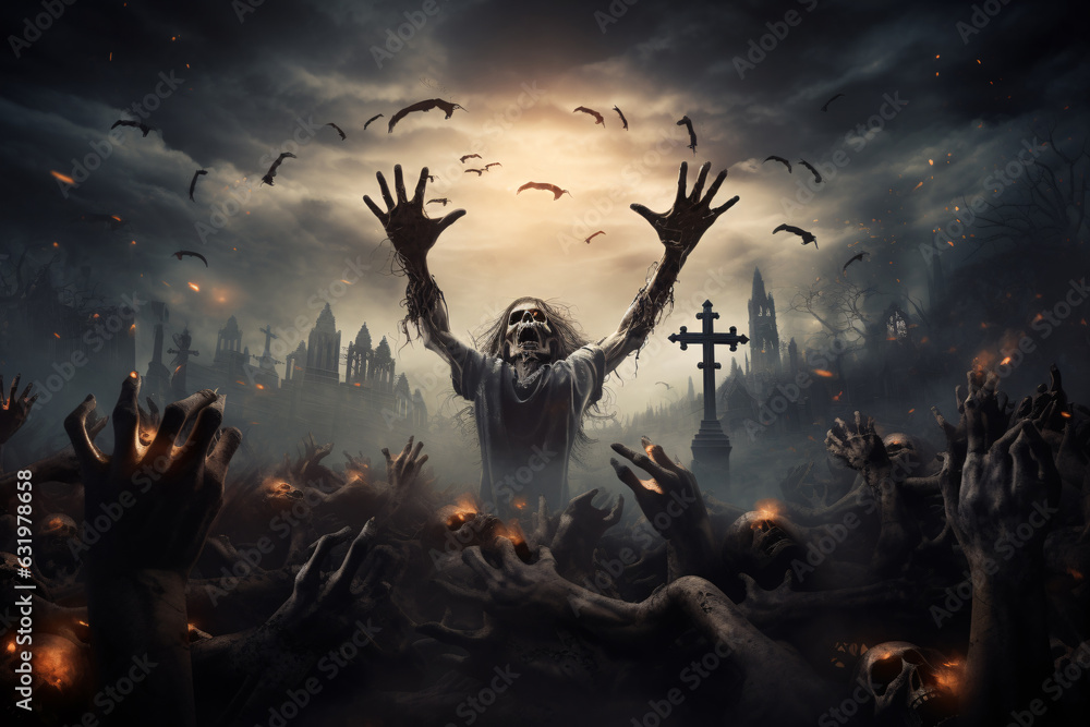 Zombie hands are rising from grave in spooky night. Halloween night ...