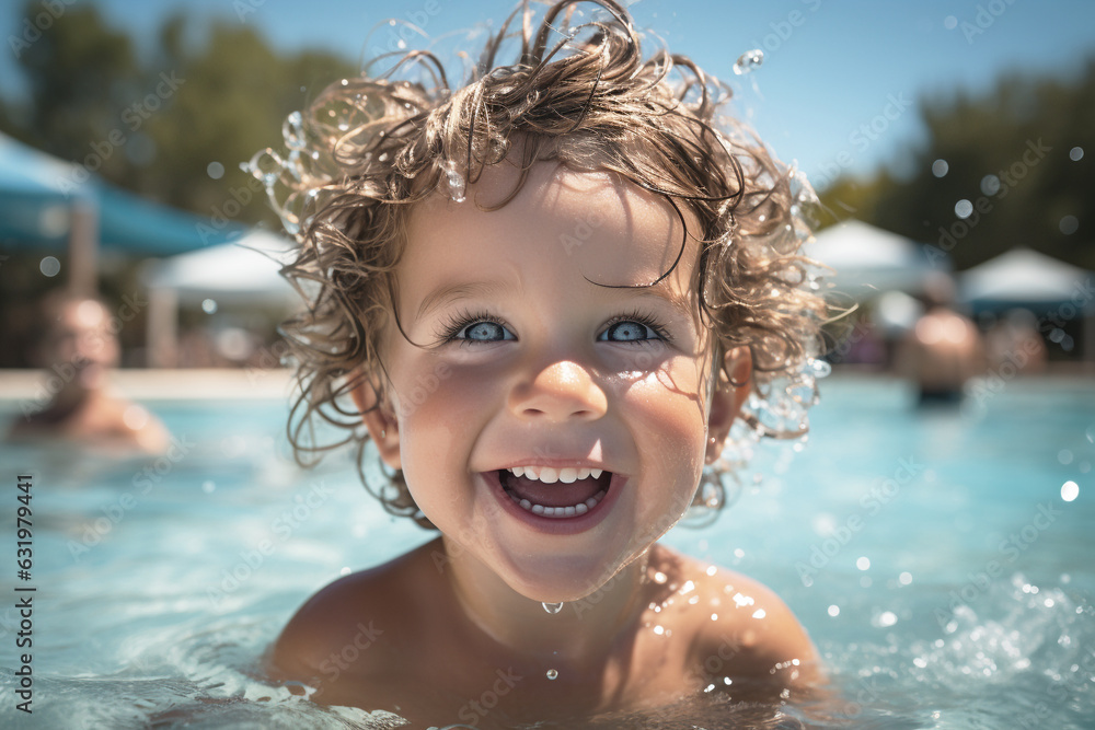 summer vacation, a happy kid boy gleefully splashes around in the ...