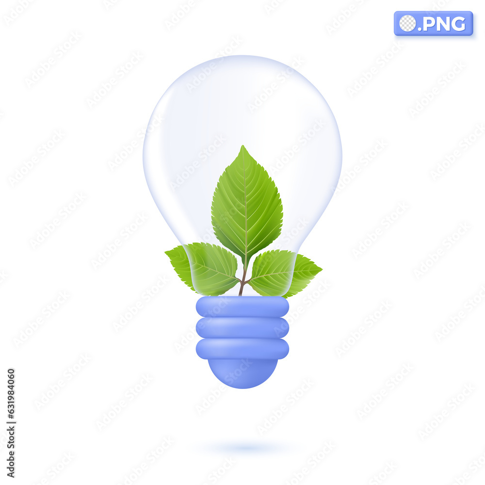 Light bulb transparency and green leaf. develop environment, ecology, idea metaphor. 3D vector ...