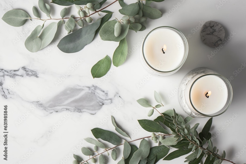 Top view photo of candles with glass holders and eucalyptus on white ...