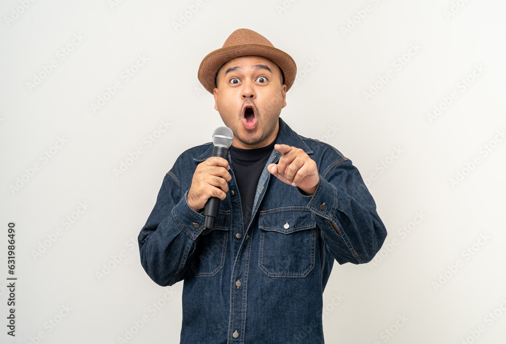 Shocked face young asian man singing song. Artist vocalist singer on ...