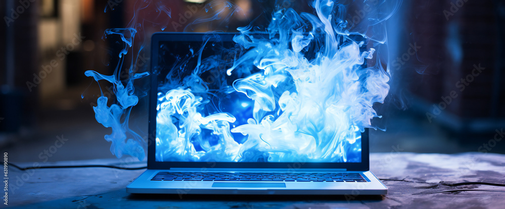 Smoke, steam or paint 3d shapes coming out of a laptop screen. Surreal ...