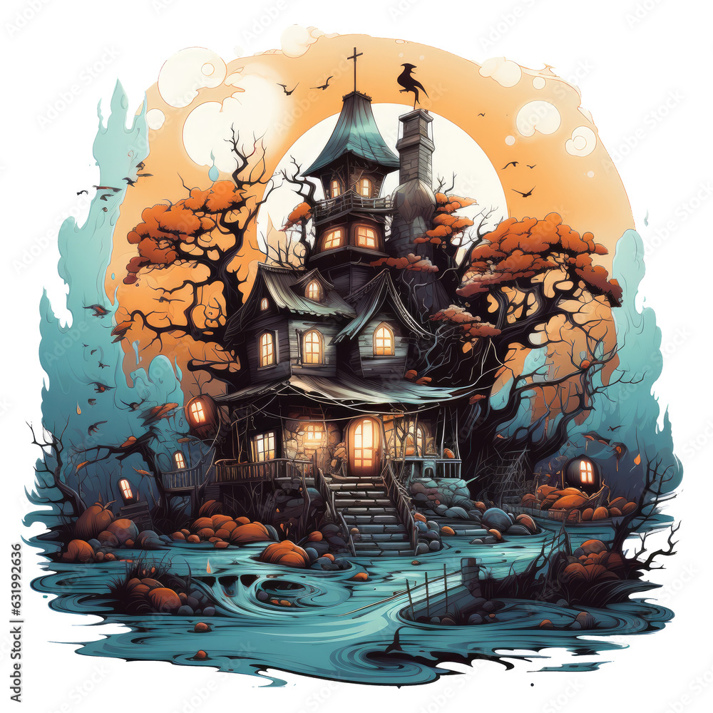 A pixel art-inspired Halloween haunted house t-shirt design, featuring ...
