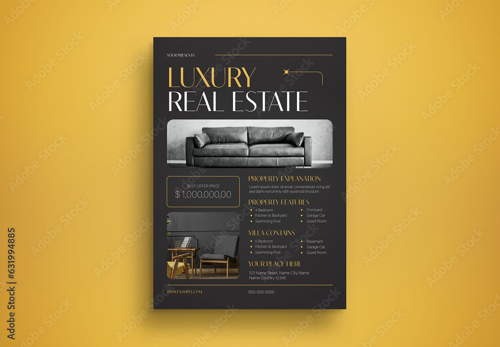 Gold Black Luxury Real Estate Flyer Layout Stock Template | Adobe Stock