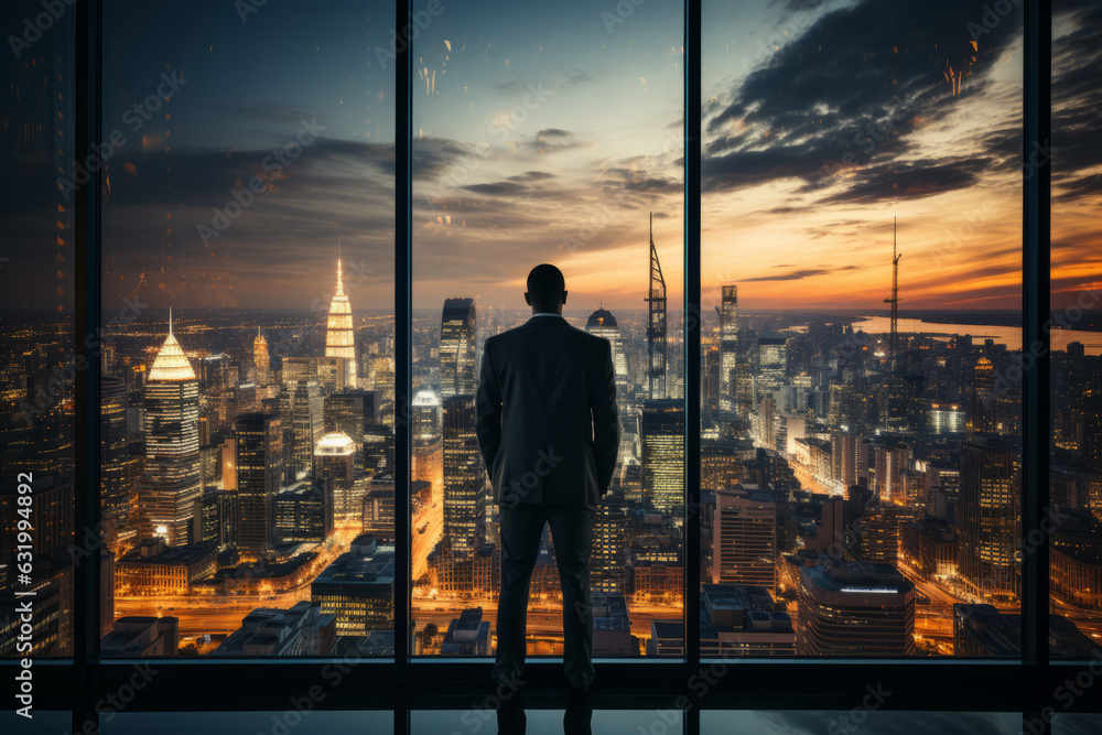 photograph of Person standing in front of a large glass window, looking ...