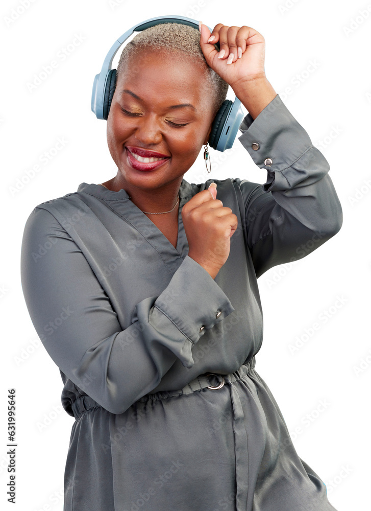 Dance, headphones and celebration, black woman isolated on transparent ...