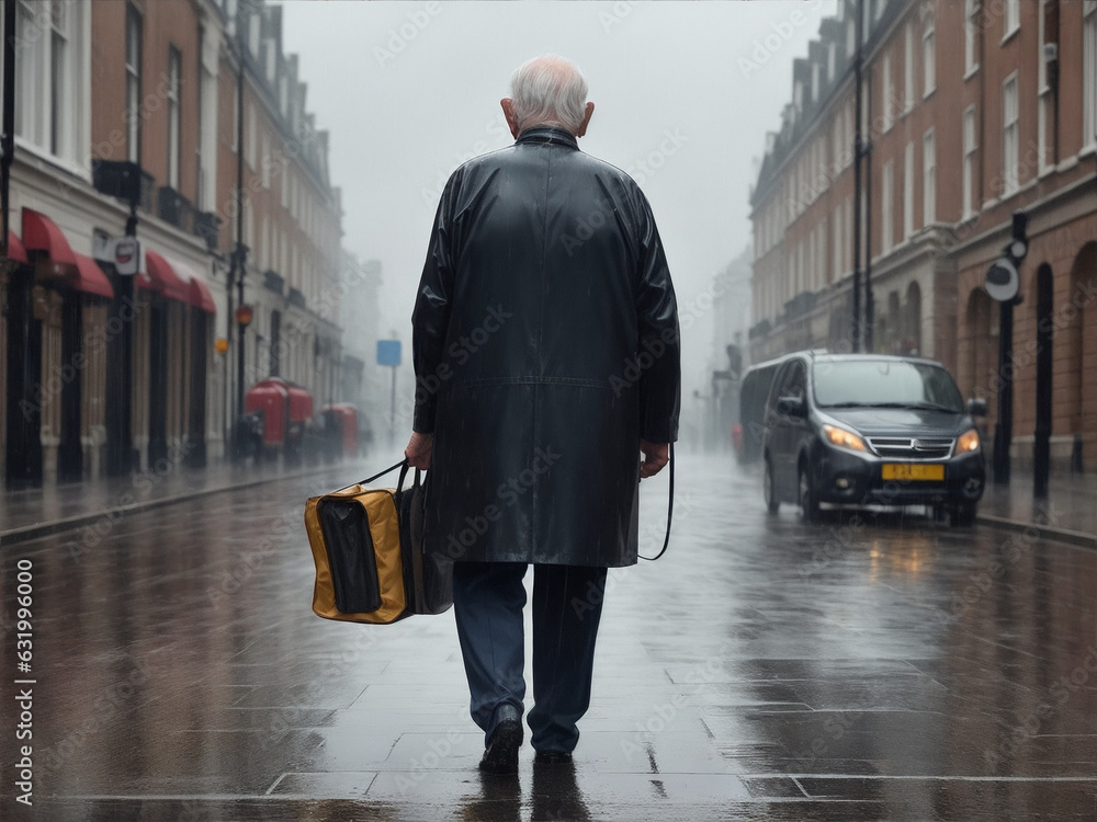 Realistic photo of elderly man in the rain standing backwards in a ...