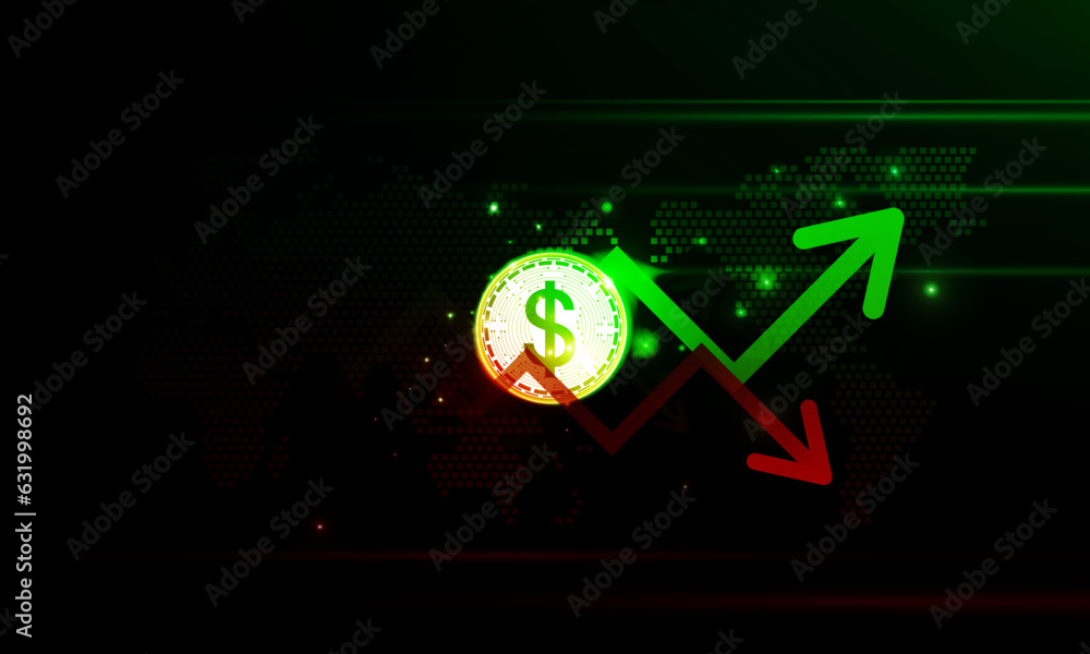 Financial chart with dollar decrease in money arrow graph and world map ...