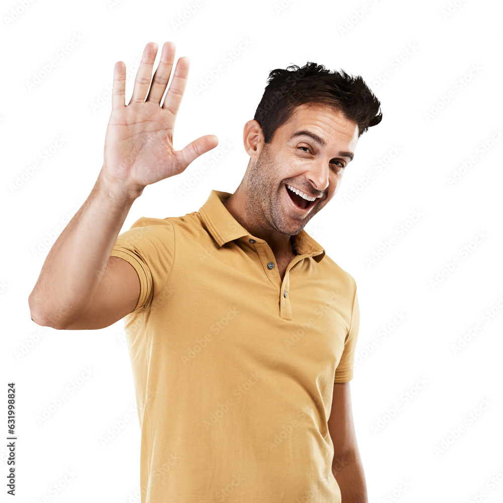 Isolated man, wave and smile in portrait with hello, greeting and ...