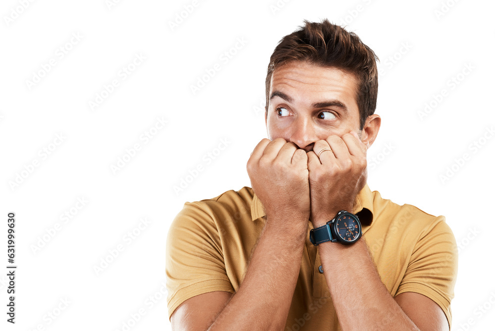 Man, face and scared with hands on mouth for anxiety, fear and nervous ...