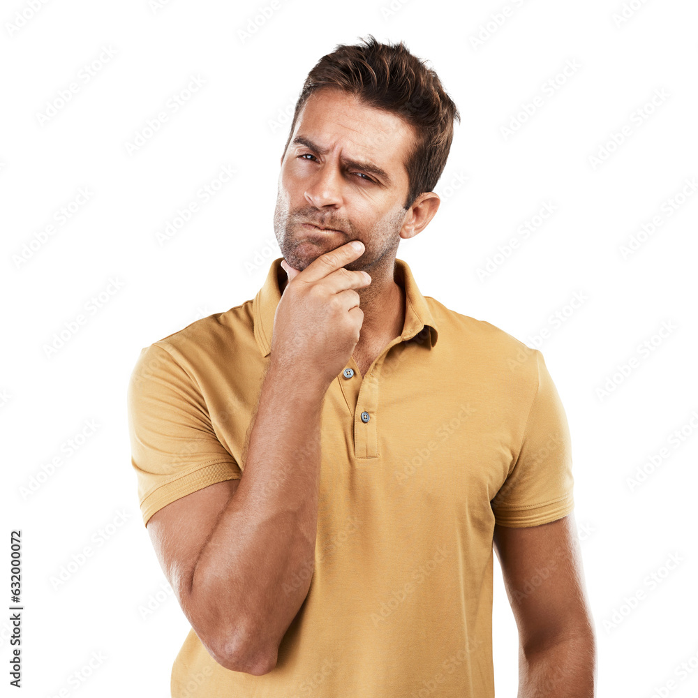 Man, thinking and confused face in planning, vision and future ideas on ...