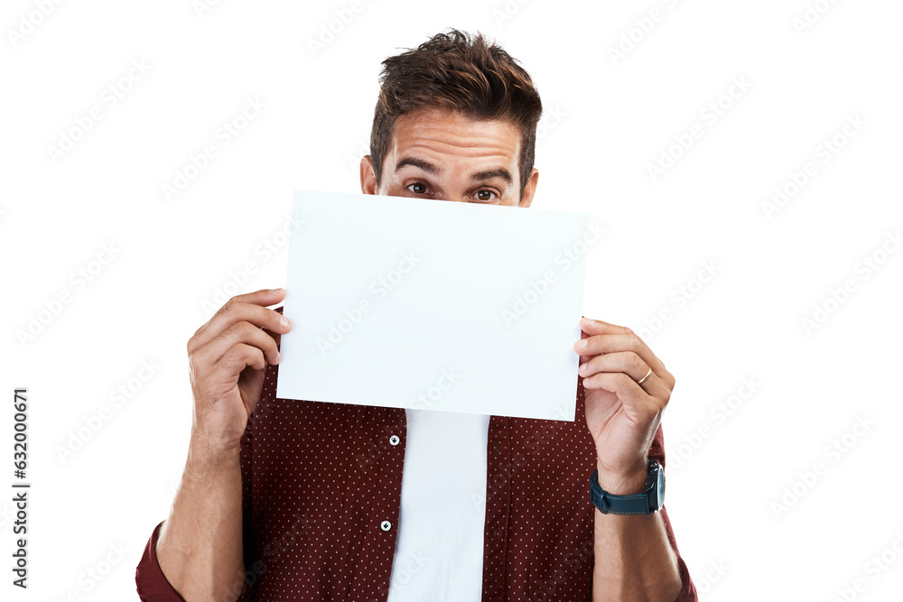Card, portrait or man with poster mockup for a sale, promotion offer or ...