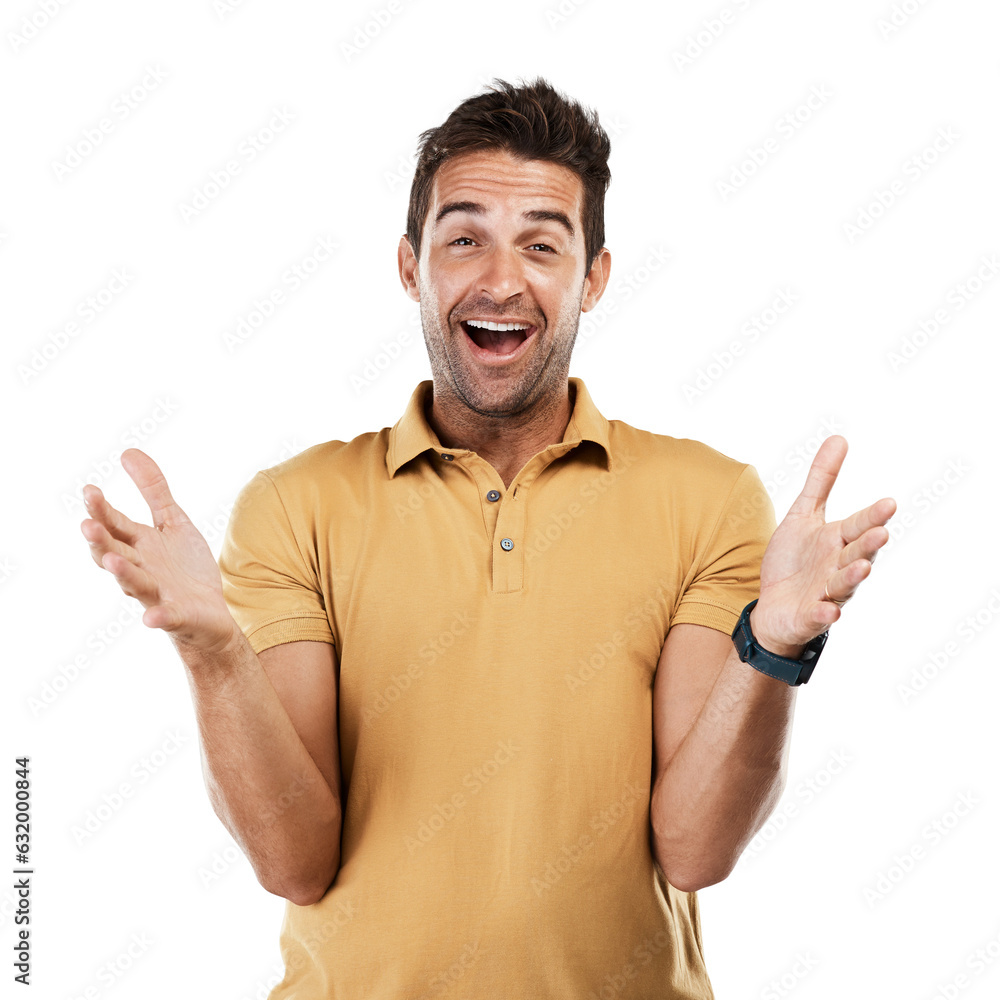 Isolated man, open hands and smile in portrait with excited face, hug ...