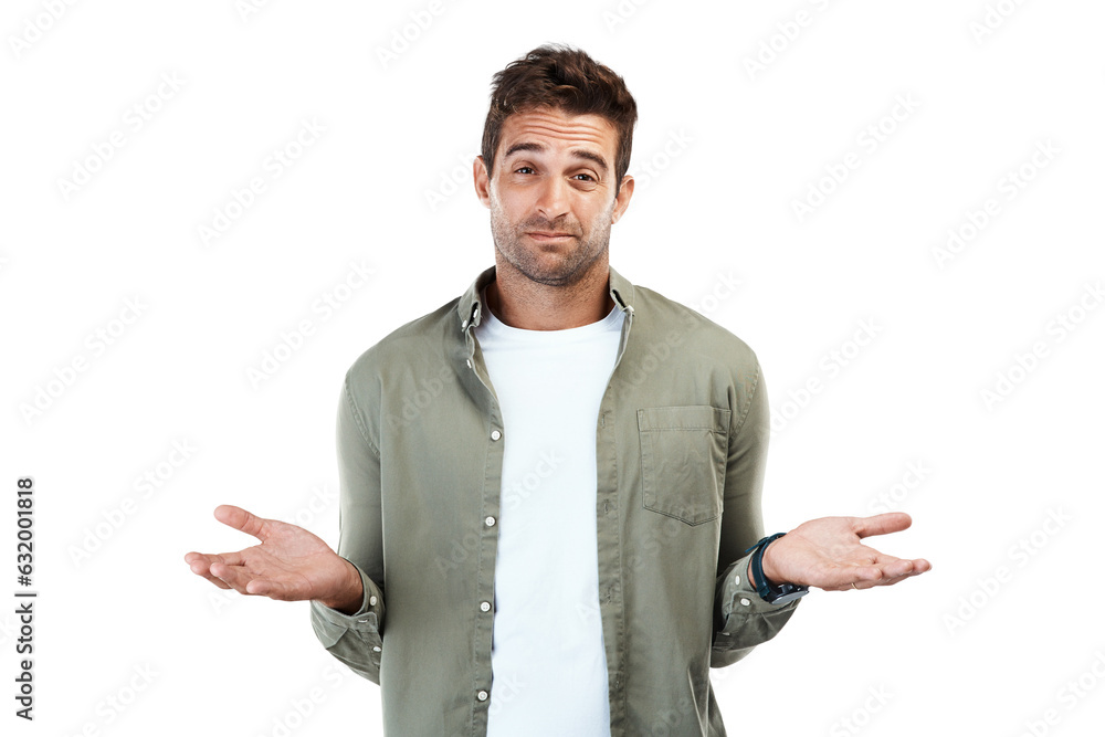 Man, portrait and dont know hands isolated on transparent png ...