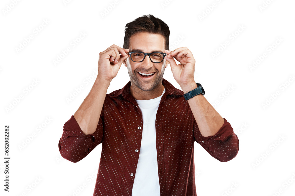 Smile, glasses and funny with portrait of man on png for eye health ...
