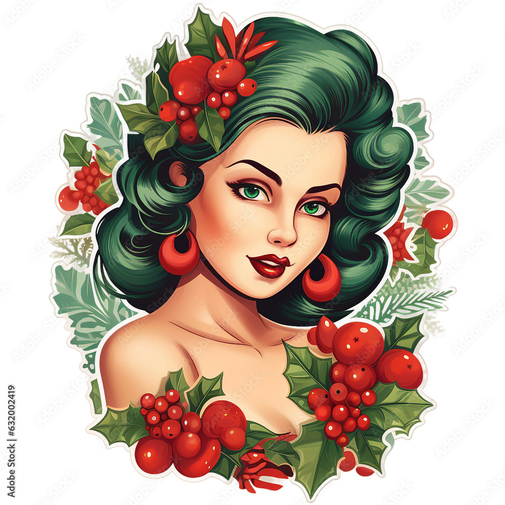 Vintage Christmas pinup girl with holy leaf and red cherry isolated ...
