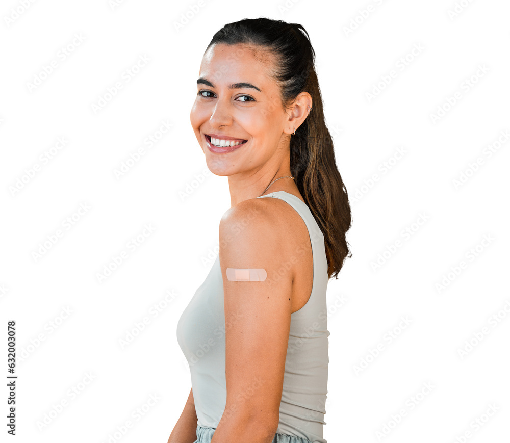 Vaccine, plaster and portrait of happy woman on isolated, transparent ...