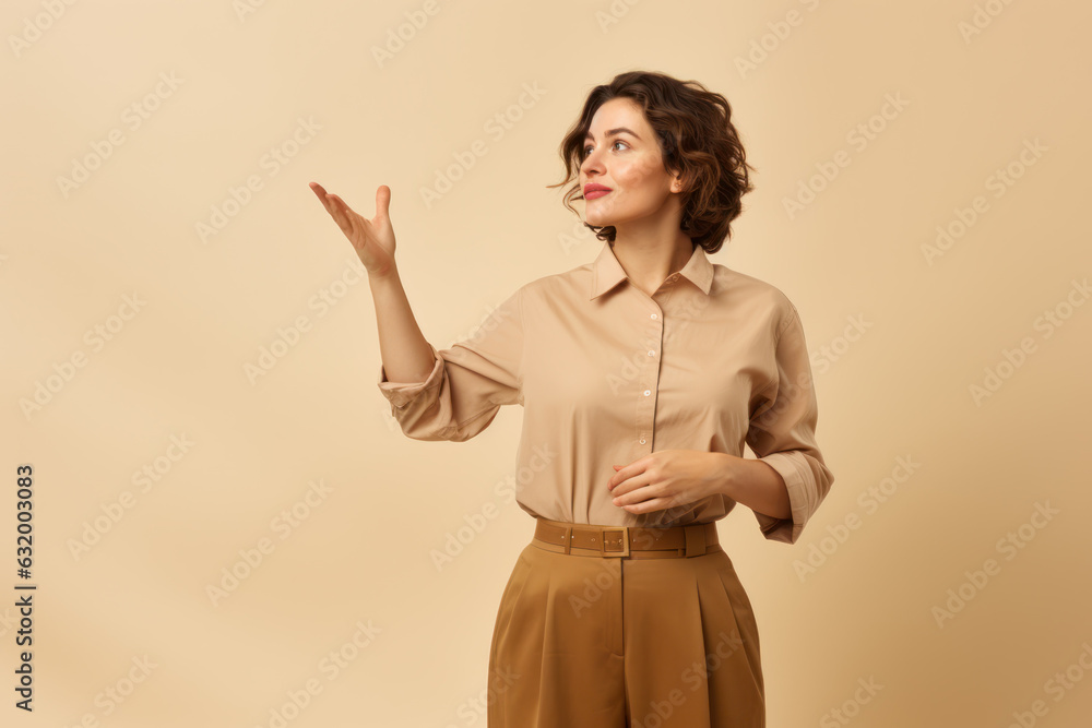 Portrait of beautiful Europe woman pointing hand isolated on studio ...