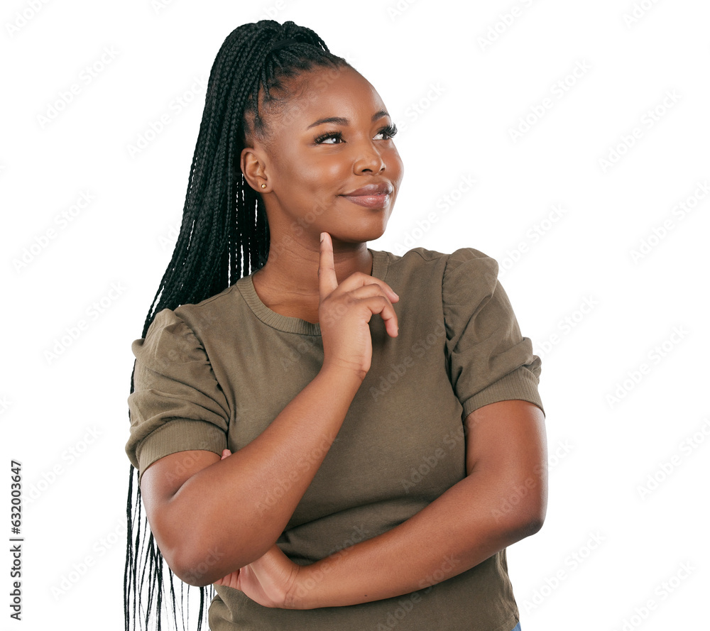 Thinking, confused and question with face of black woman on png for ...