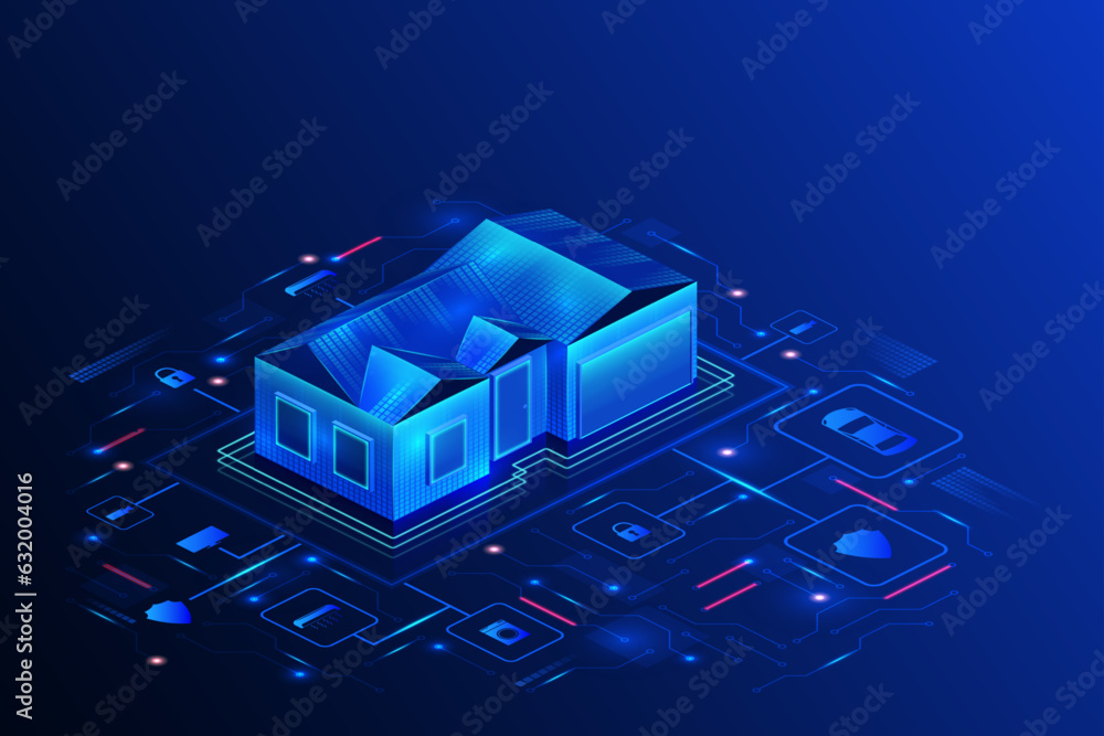 Smart home technology. Building IOT banner. Automated house by internet ...