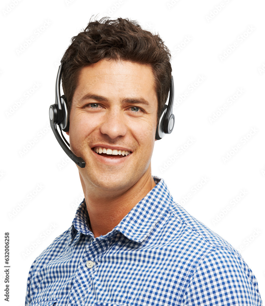 Portrait, telemarketing and man with headphones, call center and agent ...