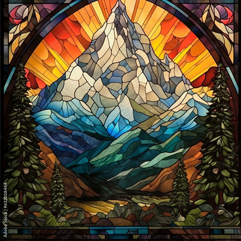 mountain stained glass window, mountain book art, mountain range, snowy ...