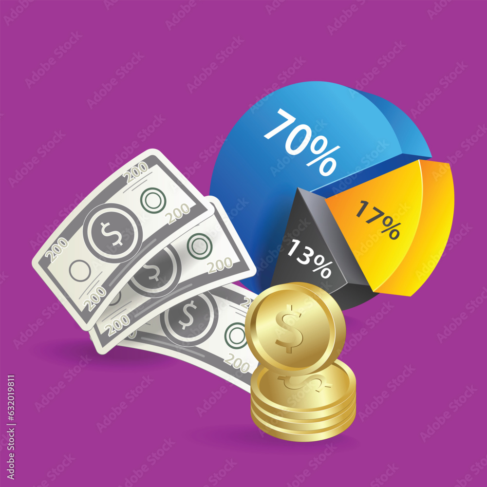 Flat isometric 3d concept illustration of pie chart for money split ...