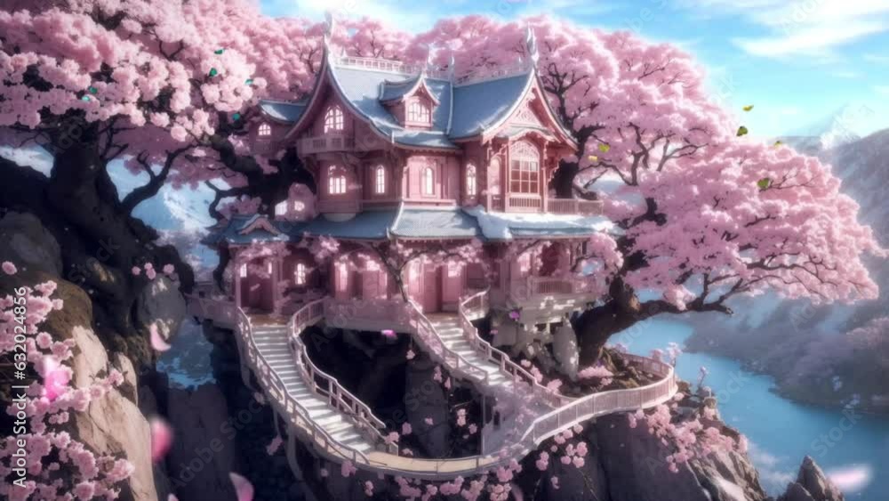 cherry blossom tree house, seamless looping video background animation ...