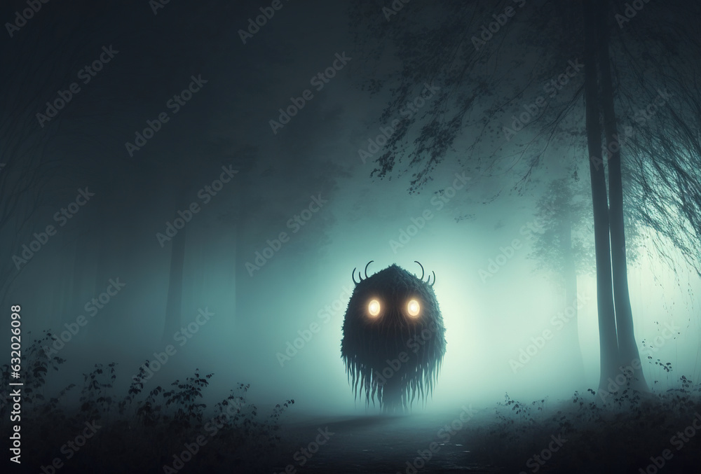 Scary alien monster in the misty night forest. The creepy silhouette of ...