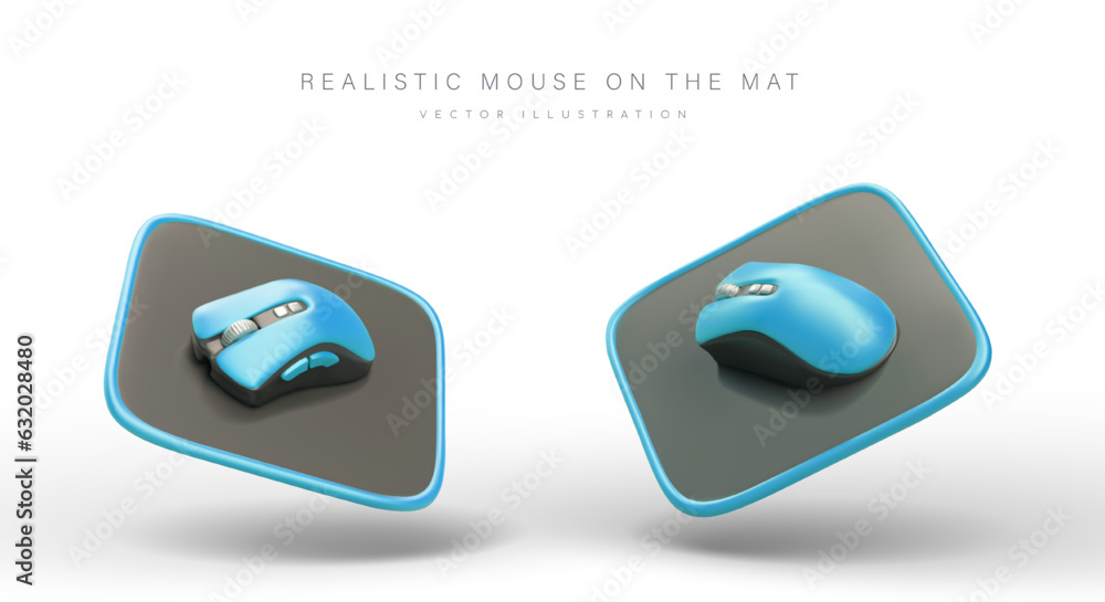3D blue computer wireless mouse on mat. Professional device with ...