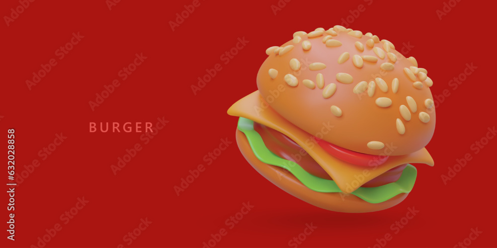 3D burger with tomato, cheese, ham. Portion hot dish. Fresh hamburger ...