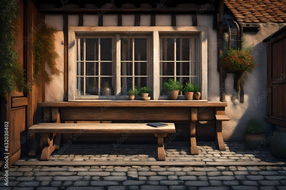 Old wooden bench under the window of an old half-timbered house. quiet ...